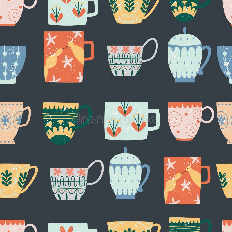 Kitchen Seamless Pattern of Ceramic Cups Flat Cartoon Style Stock ...