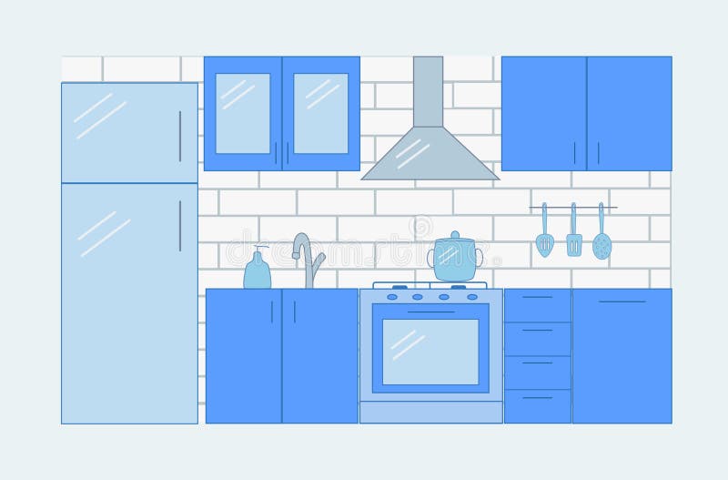 Kitchen Set Blue Cold Color, Kitchen Furniture Design. Flat Style ...