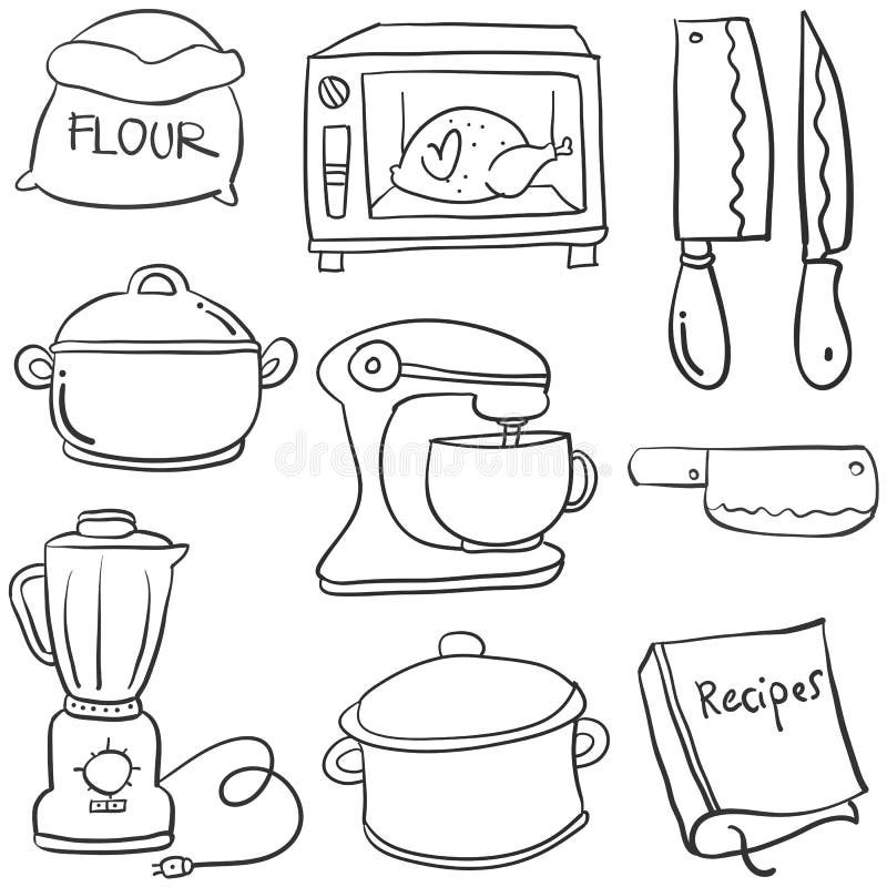 Kitchen Set Hand Draw Cartoon Doodles Stock Vector - Illustration of ...