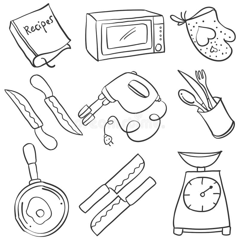 Kitchen Set Hand Draw Doodles Stock Vector - Illustration of cute, cafe ...