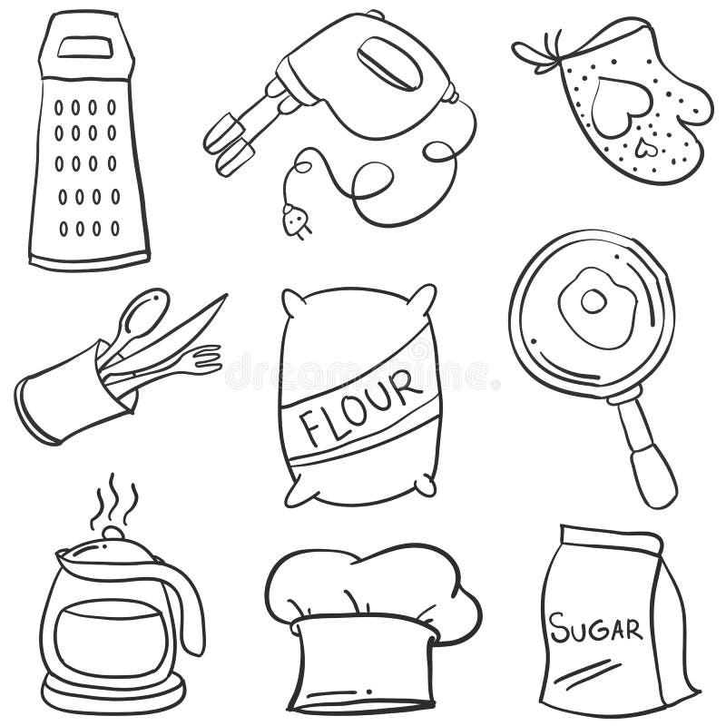 Kitchen Set Hand Draw Cartoon Doodles Stock Vector - Illustration of ...