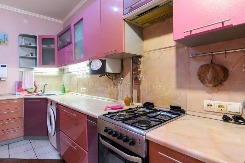Kitchen Set of a Small Kitchen in a Furnished Apartment for Rent Stock ...