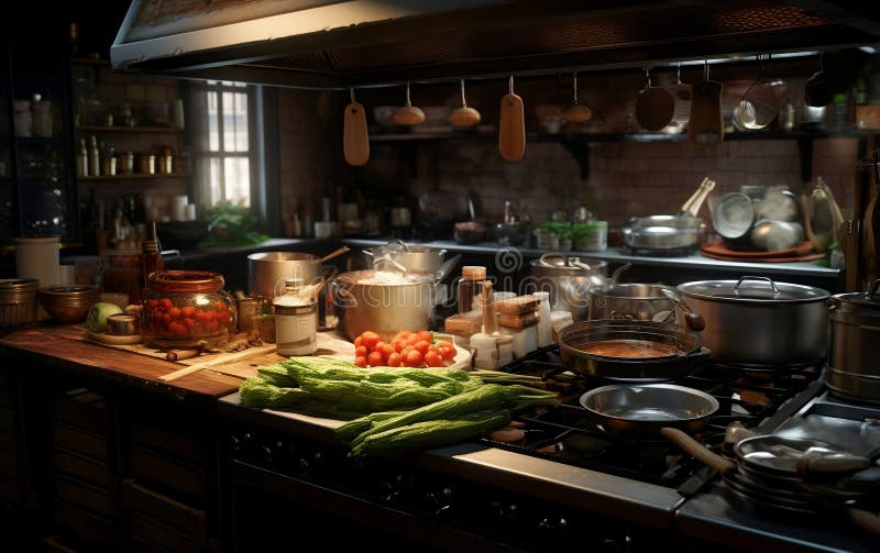 Kitchen Set-Up for Immediate Cooking. AI Stock Illustration ...