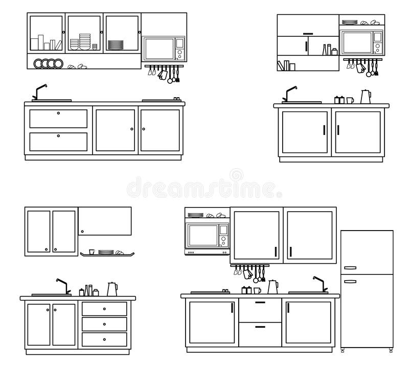 Kitchen Sets, Small and Medium Sizes, Vector Line on White Background ...