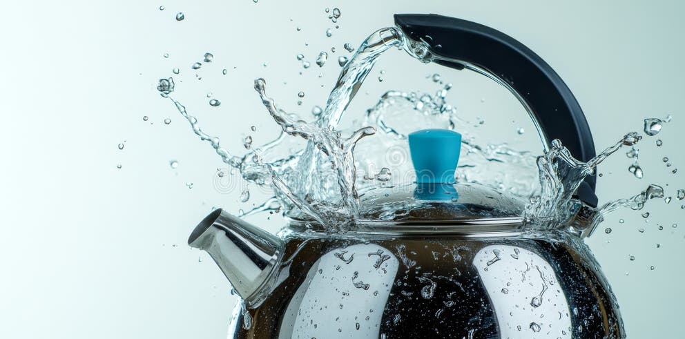 A Kitchen Setting is Where a Boiling Kettle Splashes Water, Forming ...