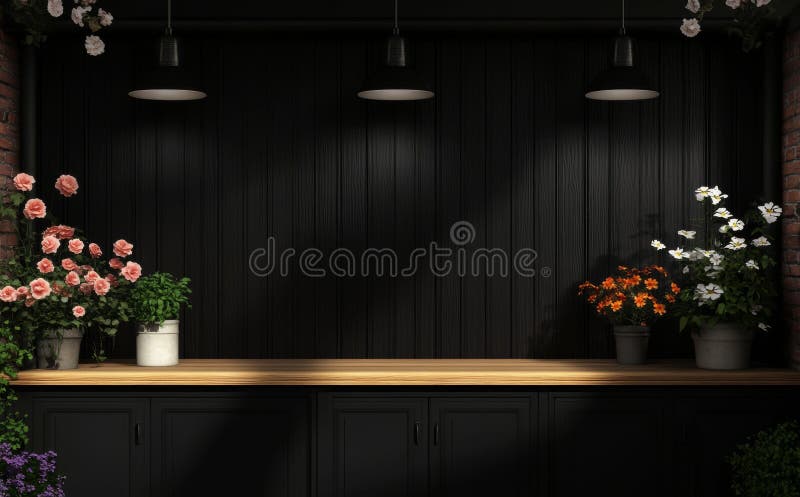 Kitchen Setting with Wooden Table and Flower Vase Under Stylish Pendant ...