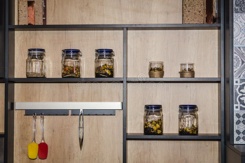 Kitchen Shelf with Condiments Stock Image - Image of assortment ...