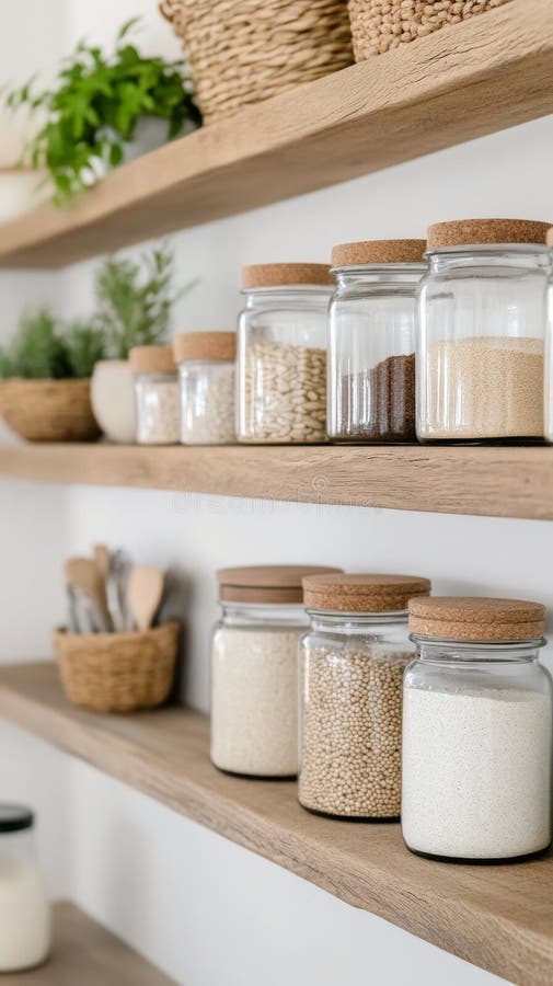 Well Organized Kitchen Shelf Displaying Jars of Various Grains and ...