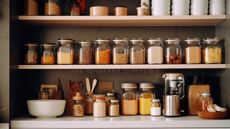 A Kitchen Shelf Filled with a Wide Selection of Different Types of Food ...