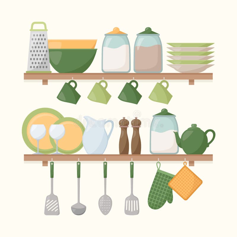 Kitchen Shelves with Cooking Tools. Set of Kitchen Utensils, Vector ...