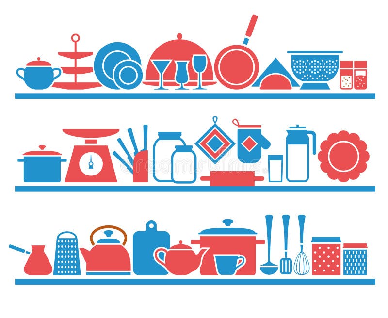 Kitchen Shelves with Utensils for Cooking Stock Vector - Illustration ...