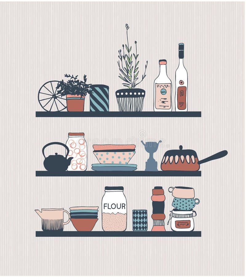 Kitchen Shelves with Utensils,hand Sketch with Contour Lines. Vector ...