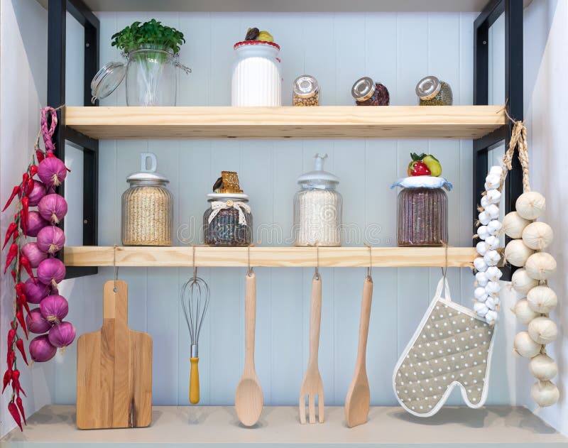 Kitchen Shelves with Various Food Ingredients and Utensils. Stock Image ...