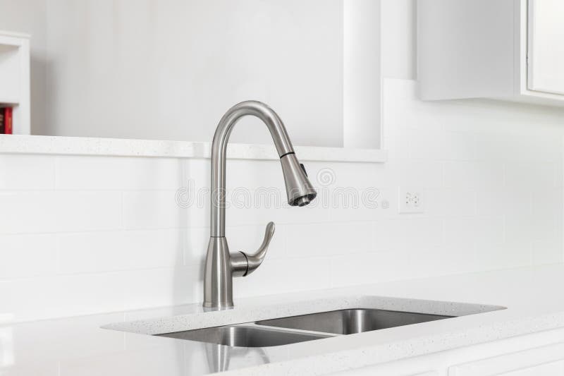A Kitchen Sink Detail in a White Kitchen. Stock Image - Image of quartz ...