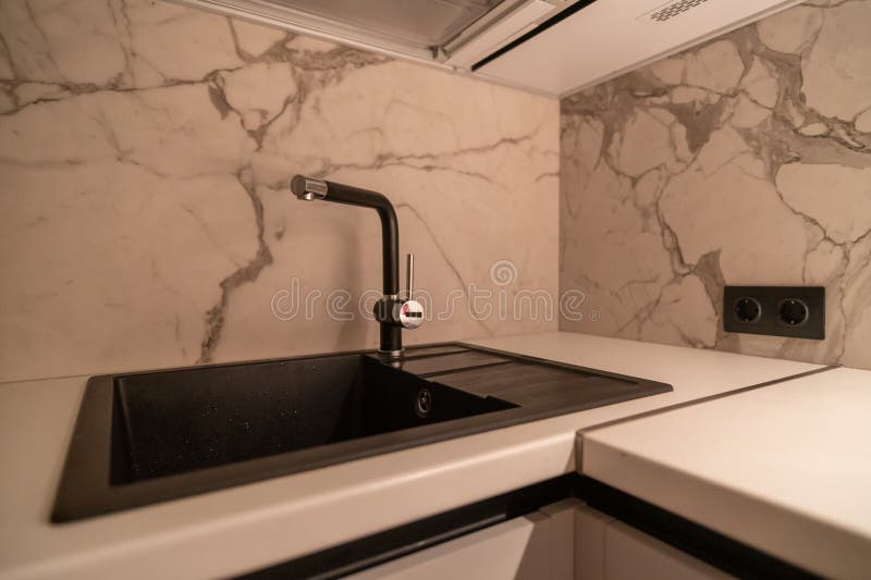 Kitchen Sink Faucet Installation Modern Marble Backsplash Design Stock ...