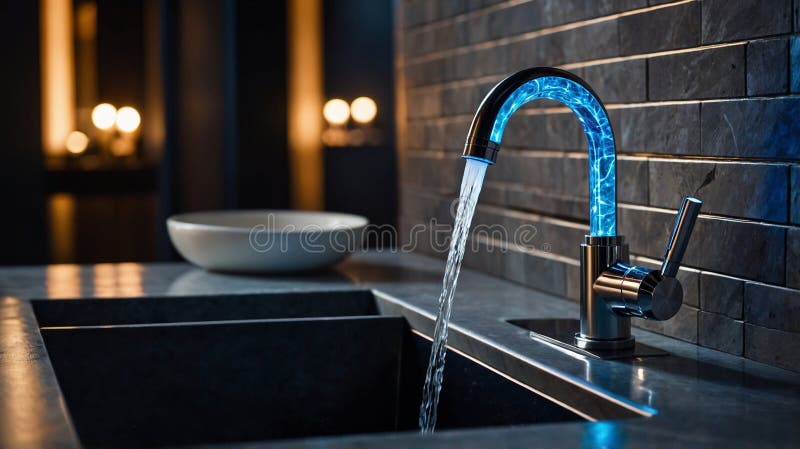 A Kitchen Sink that Features a Faucet Equipped with a Blue Light Stock ...