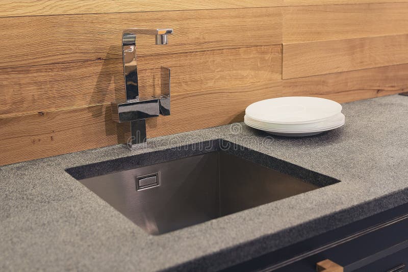 Kitchen Sink with Granite Work Surface Stock Photo - Image of liquid ...