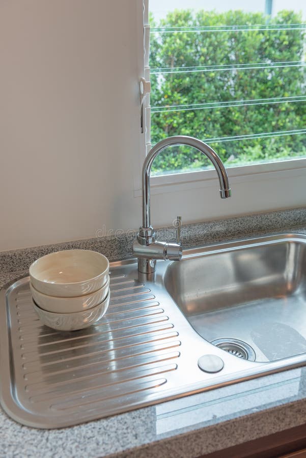 Kitchen Sink on Modern Counter Stock Image - Image of glass, vegetable ...