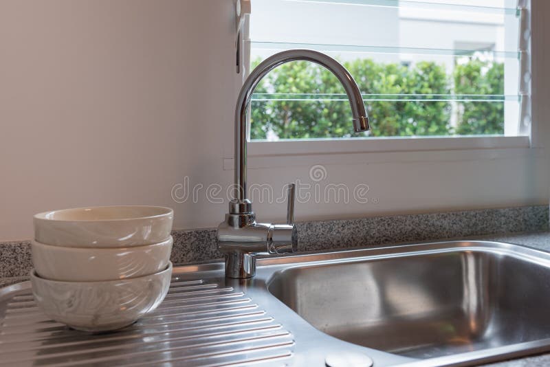 Kitchen Sink on Modern Counter Stock Image - Image of design, wooden ...
