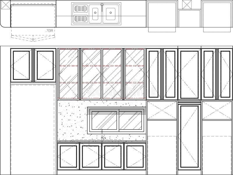 Kitchen Sink and Storage Area Interior Drawing Vector Fridge, Microwave ...