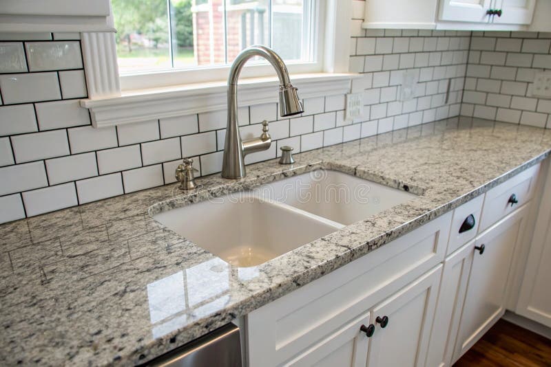 Kitchen Sink with Subway Tile Backsplash and Granite Countertop Stock ...
