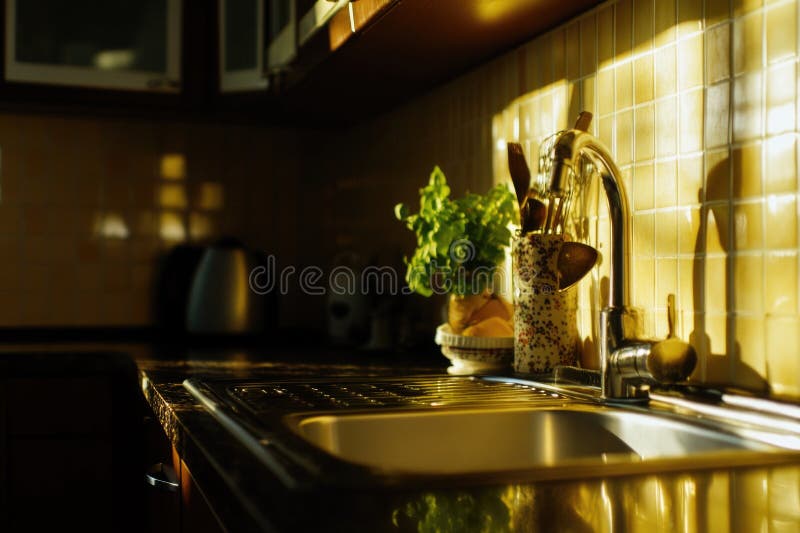 A Kitchen Sink Surrounded by a Potted Plant, Great for Interior Design ...