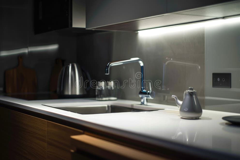 A Kitchen Sink with a Tea Kettle Placed on the Counter Stock Photo ...