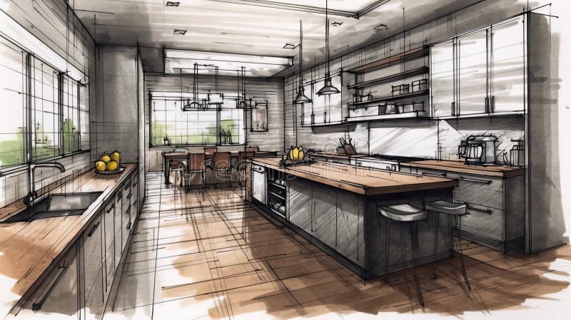 Kitchen sketch concept. stock illustration. Illustration of hand ...