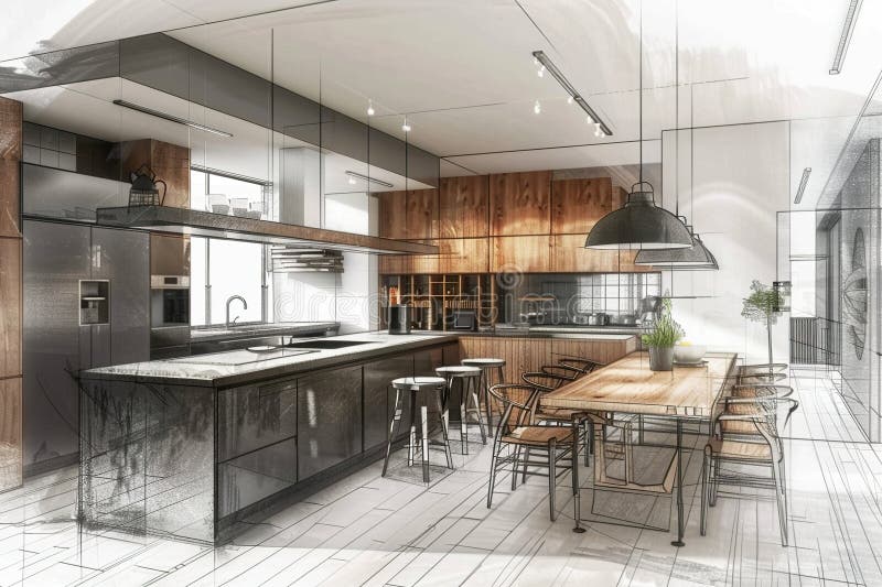 Kitchen Sketch Drawing Design. Ai Generative Stock Photo - Image of ...