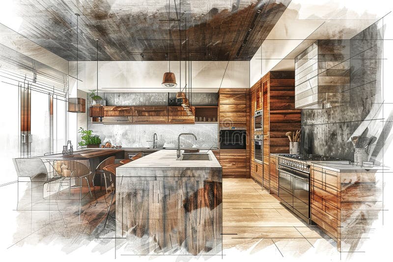 Kitchen Sketch Drawing Design. Ai Generative Stock Image - Image of ...
