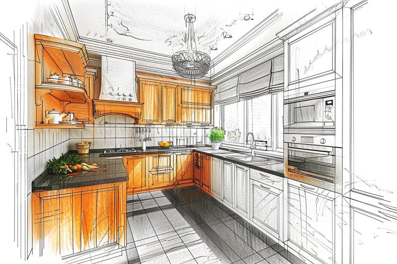 Kitchen Sketch Drawing Design. Ai Generative Stock Photo - Image of ...
