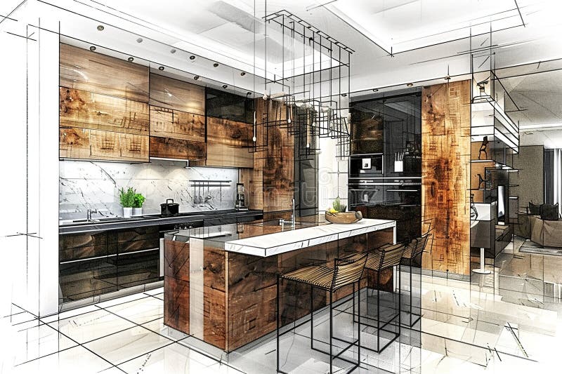 Kitchen Sketch Drawing Design. Ai Generative Stock Photo - Image of build, diagram: 324628136