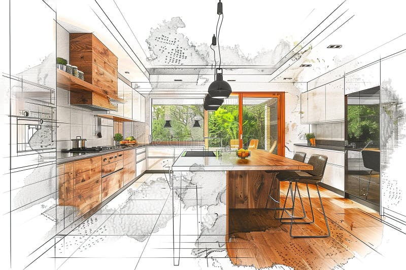 Kitchen Sketch Drawing Design. Ai Generative Stock Image - Image of ...
