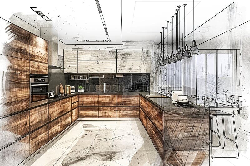 Kitchen Sketch Drawing Design. Ai Generative Stock Image - Image of ...
