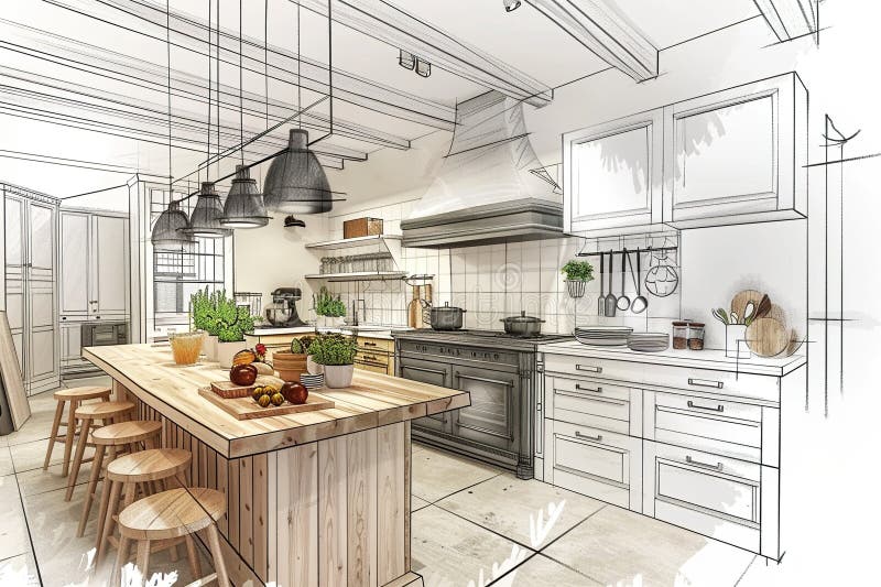 Kitchen Sketch Drawing Design. Ai Generative Stock Image - Image of realty, carpentry: 324628199