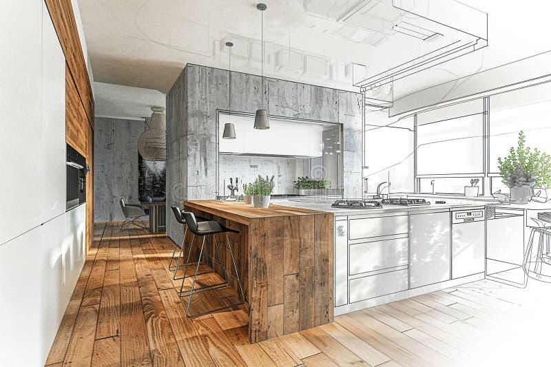 Kitchen Sketch Drawing Design. Ai Generative Stock Image - Image of ...