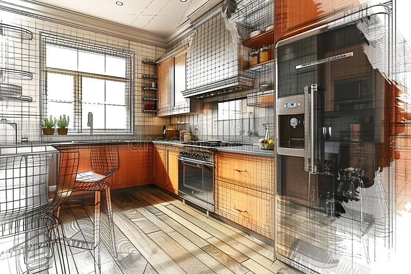 Kitchen Sketch Drawing Design. Ai Generative Stock Photo - Image of ...