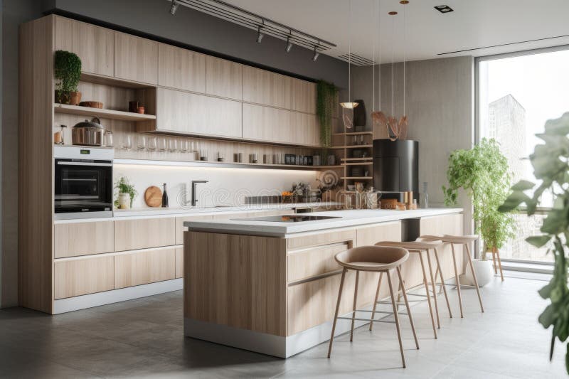 A Kitchen with Smart Appliances and Integrated Cooking Functions Stock ...