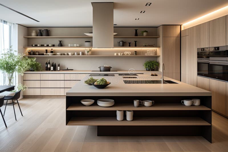 Kitchen with Smooth Surfaces and Minimal Open Shelving, Promoting a ...