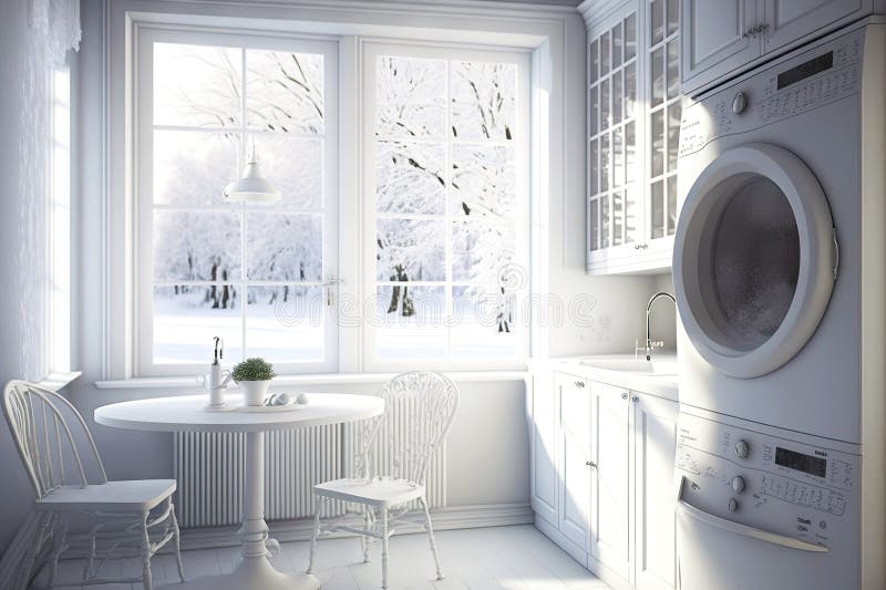 Kitchen in Snow-white Interior with Machine Washing Stock Illustration ...