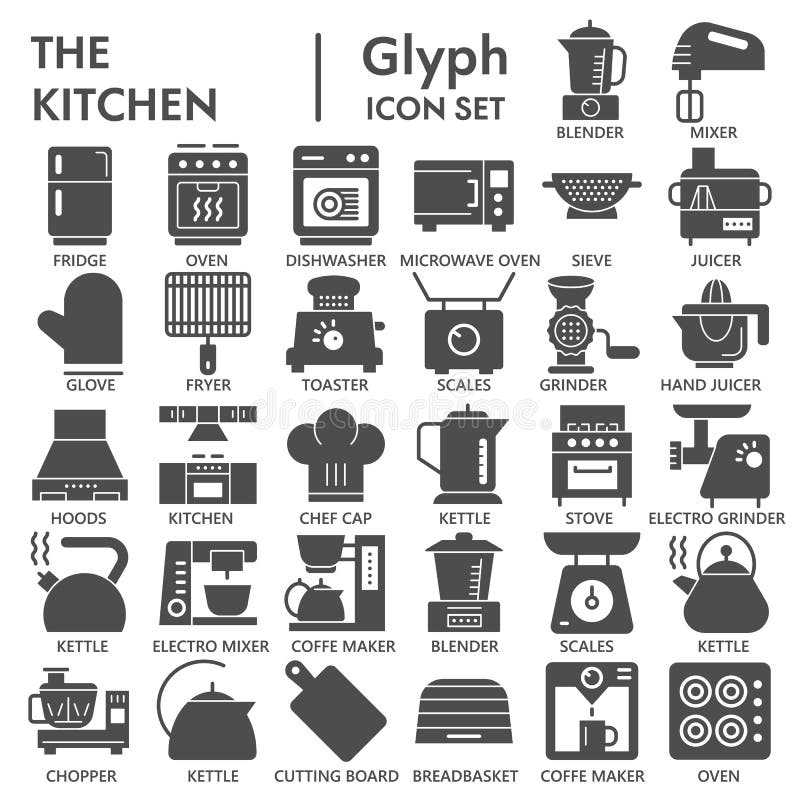 Kitchen Solid Icon Set, Appliances Symbols Collection or Sketches ...