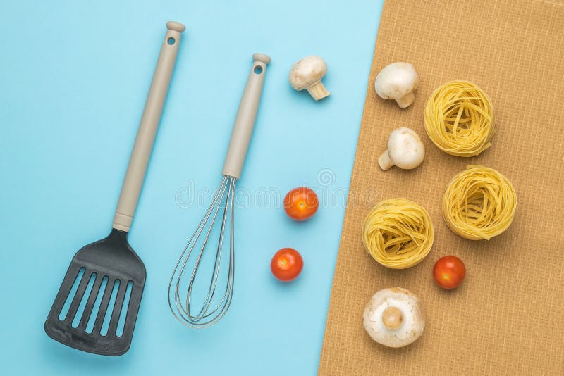 Kitchen Spatula and Whisk and Ingredients for Making Pasta Stock Image ...