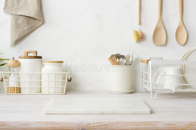 Kitchen Stand for Product Presentation with Utensils on Wooden Table ...
