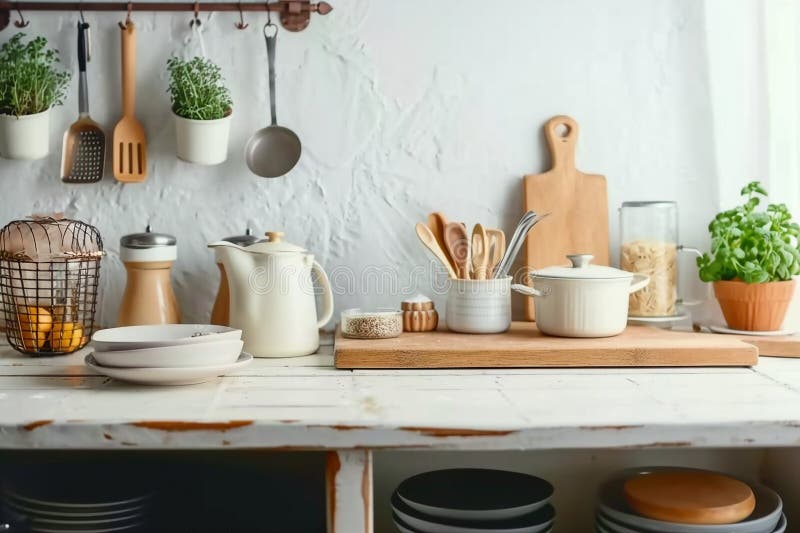 Kitchen Stand for Product Presentation with Utensils on Wooden Table ...