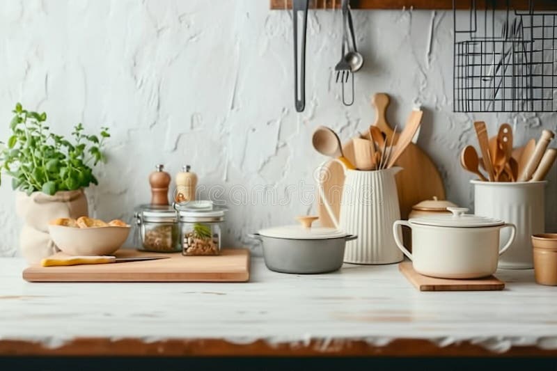 Kitchen Stand for Product Presentation with Utensils on Wooden Table ...