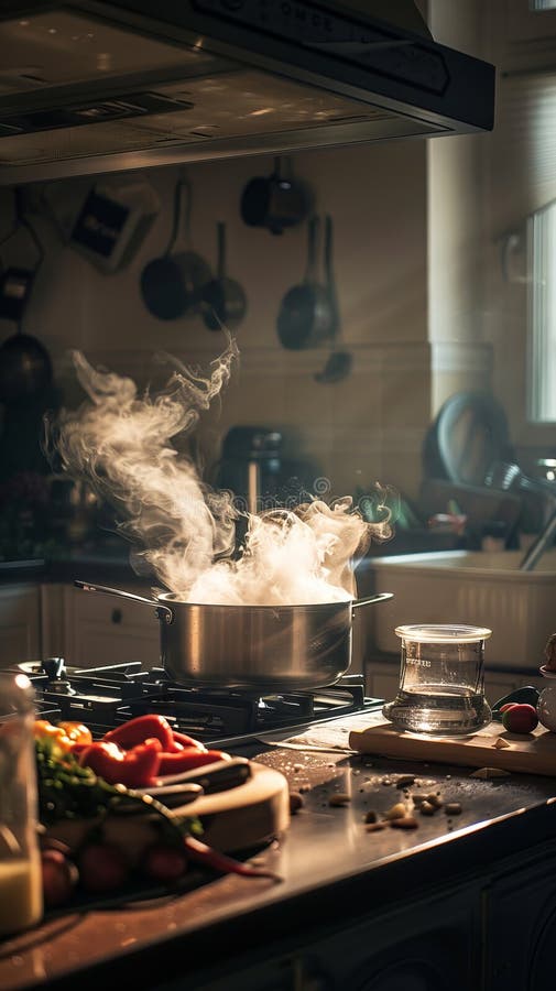 A Kitchen with Steam Coming Out of the Pot Stock Image - Image of ...