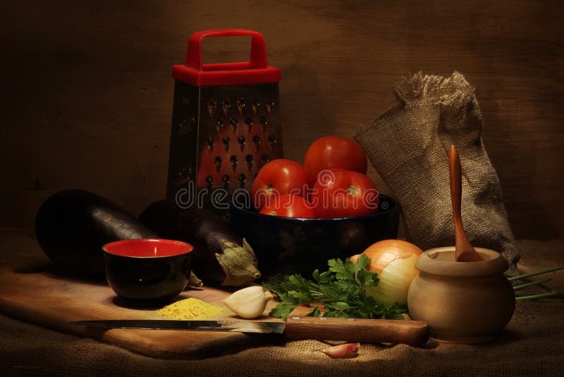 Kitchen still life stock image. Image of aubergine, onion - 8134939