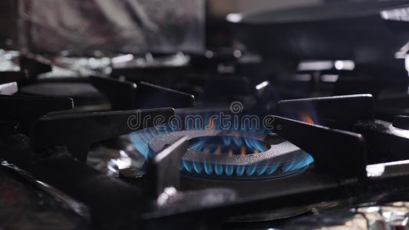 Kitchen Gas Stove with Burning Burner Flame Stock Video - Video of fire ...