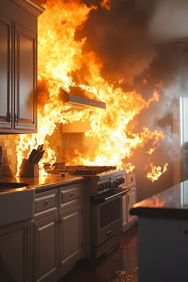 A Kitchen with a Stove on Fire in the Middle of it Stock Photo - Image ...