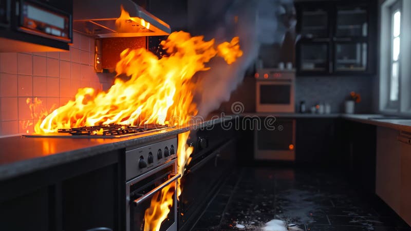 A Kitchen with a Stove that is on Fire in the Middle of it Stock Video ...